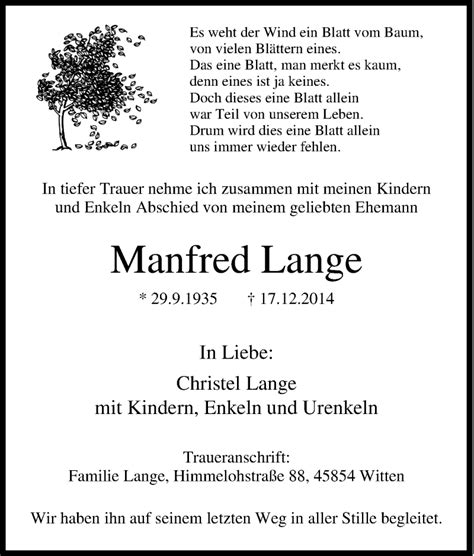 Traueranzeigen Von Manfred Lange Trauer In Nrwde