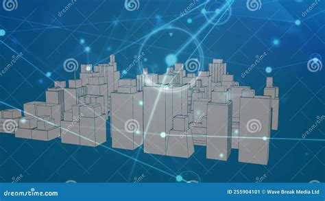 Animation Of Dots Connected With Lines And Floating Abstract Patterns Over 3d Model Of City