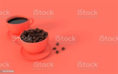 커피 한 잔과 사실적인 커피 콩 3d 렌더링 배경 커피 콩의 질량을 닫습니다 파스텔 색상 갈색에 대한 스톡 사진 및 기타 이미지 Istock