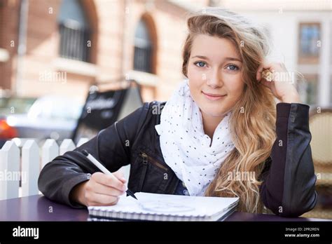 Art Portrait And Woman Drawing In The City In A Notepad For A Creative