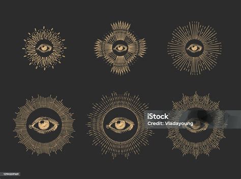 모든 태양 버스트와 눈을보고 손으로 그린 이미지 세트 프로비던스 벡터 일러스트의 눈 조각 스타일의 신성한 형상 기호 옴니사이언스 신비의 엠블럼과 마소닉 사인의 빈티지