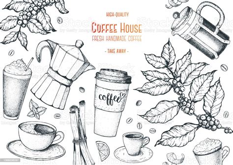 커피 컵 콩 커피 나무 일러스트레이션 커피숍빈티지 디자인 새겨진 벡터 그림입니다 0명에 대한 스톡 벡터 아트 및 기타 이미지