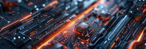 Futuristic Circuit Board With Illuminated Elements And Nextgeneration Components Stock