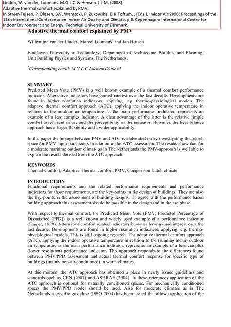 Pdf Adaptive Thermal Comfort Explained By Pmv
