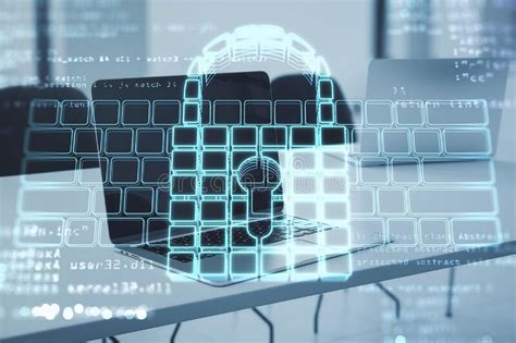 Close Up Of Notebook Computer On Desktop With Abstract Glowing Secure Web Keyboard Safety And