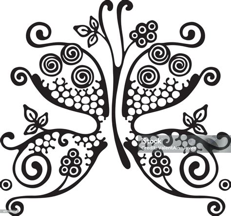 벡터 손으로 그린 그림 꽃 분 지의 모양에 장식 장식 양식된 나비 나뭇잎 도트 흑인과 백인 고립 그래픽 개요 그림 선 그리기 실루엣 0명에 대한 스톡 벡터 아트 및 기타