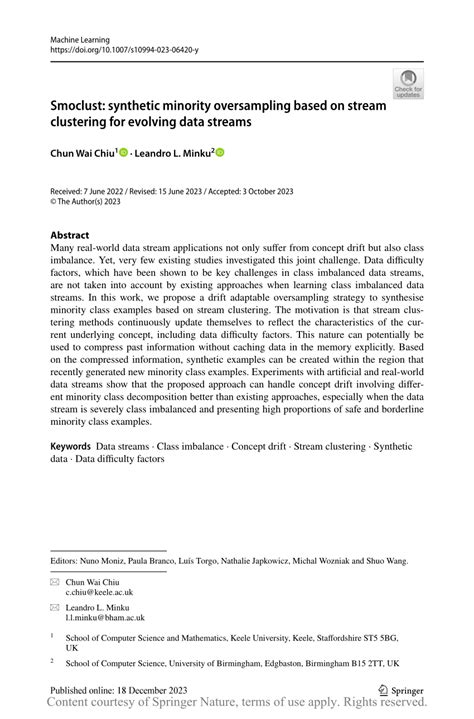 PDF Smoclust Synthetic Minority Oversampling Based On Stream Clustering For Evolving Data Streams
