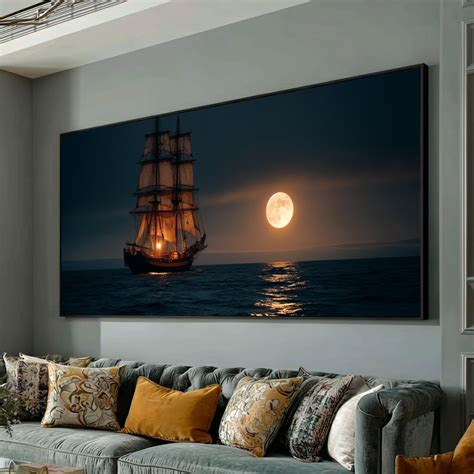 Vintage Tall Ship At Moonlight Nautical Canvas Wall Art Full Moon