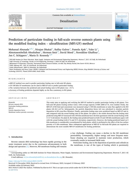 Pdf Prediction Of Particulate Fouling In Full Scale Reverse Osmosis Plants Using The Modified