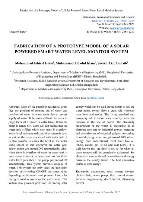 pdf fabrication of a prototype model of a solar powered smart water