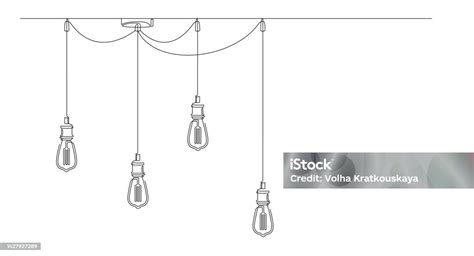 연속 라인 램프 및 에디슨 전구 선화 스타일의 전구가있는 현대적인 로프트 샹들리에의 한 줄 그리기 미니멀리스트 디자인 배경 수평