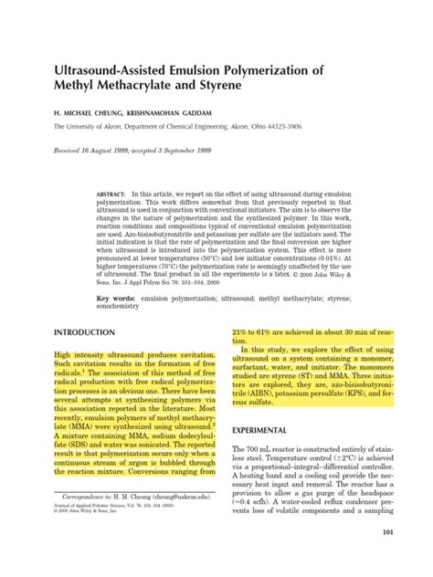 J Of Applied Polymer Sci 2000 Cheung Ultrasound Assisted Emulsion Polymerization Of Methyl