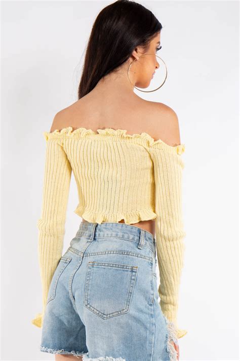 Yellow Bardot Knitted Crop Top Miss Hussy
