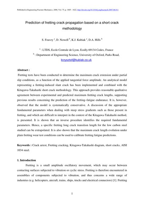Pdf Prediction Of Fretting Crack Propagation Based On A Short Crack Methodology