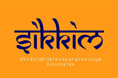 인도 국가 시킴 텍스트 디자인 인도 스타일의 라틴 글꼴 디자인 Devanagari에서 영감을 받은 알파벳 문자 및 숫자 삽화 개체 그룹에 대한 스톡 벡터 아트 및 기타