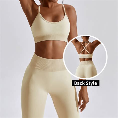 Women Seamless Straps Cross Back Bra High Waist Leggings Yoga Suit Slim Running Sport Workout