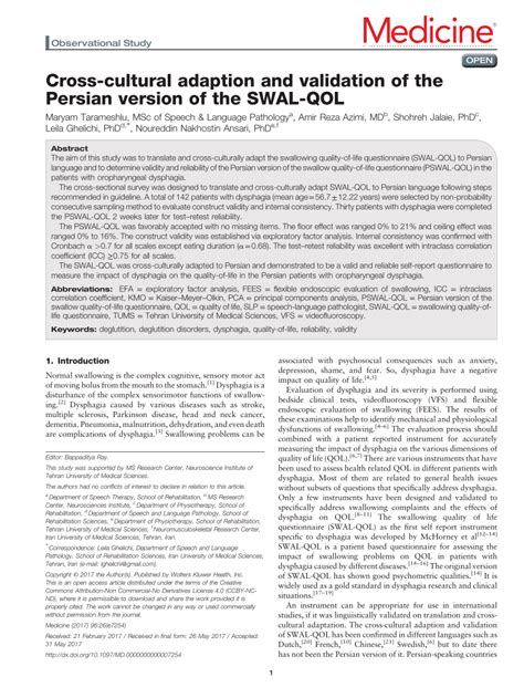 Pdf Cross Cultural Adaption And Validation Of The Persian Version Of The Swal Qol