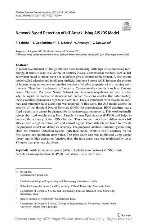 Network Based Detection Of Iot Attack Using Ais Ids Model Request Pdf