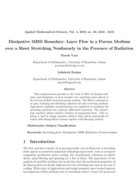 Pdf Dissipative Mhd Boundary Layer Flow In A Porous Medium Over A Sheet Stretching Nonlinearly