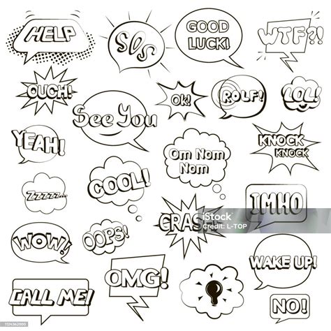 큰 흑백 연설 거품의 설정 팝 아트 개체입니다 벡터 일러스트입니다 Omg에 대한 스톡 벡터 아트 및 기타 이미지 Omg