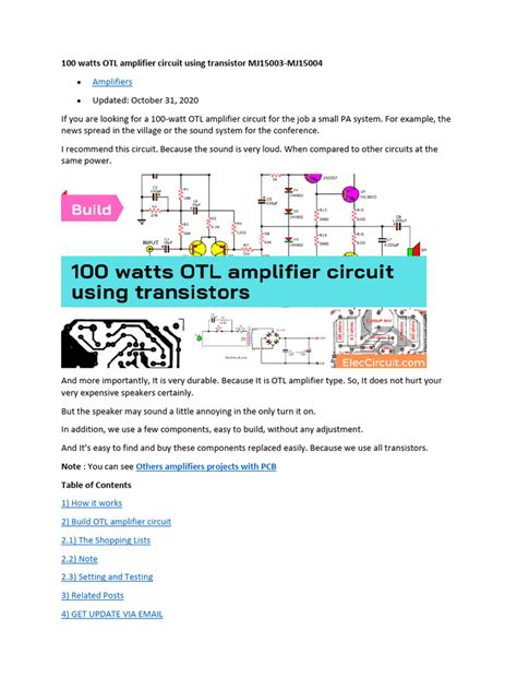 100 Watts Otl Amplifier Circuit Using Transistor Mj15003 Download Free Pdf Amplifier