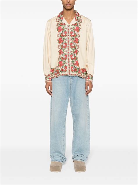 Bode Floral Print Cotton Shirt Neutrals Farfetch Uk
