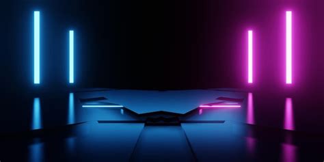 우주선 복도 네온 빛나는 파란색 보라색 배경 미래 사이버 펑크 개념의 3d 렌더링 프리미엄 사진