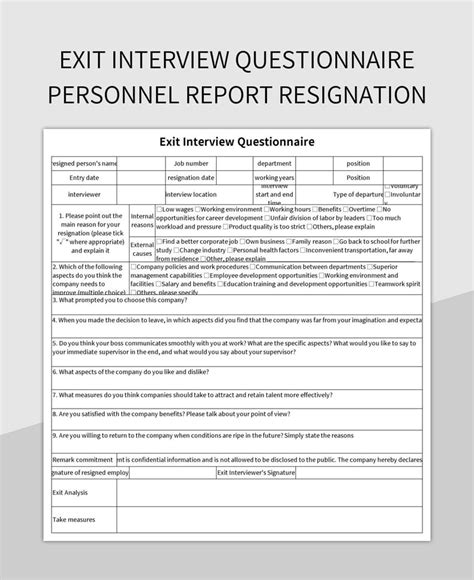Exit Interview Questionnaire Personnel Report Resignation Excel