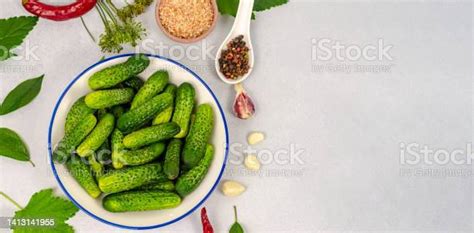 흰 접시에 생 오이 딜 꽃 건포도와 체리 잎 향신료 소금 및 허브를 흰색 테이블에 놓습니다 0명에 대한 스톡 사진 및 기타 이미지 Istock