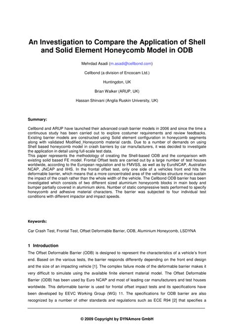 Pdf An Investigation To Compare The Application Of Shell And Solid Element Honeycomb Model In Odb