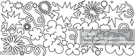 꽃 구름 별 모양의 기하학적 스티커 팩 손으로 파도 루프 별 거품 펑키 꽃 그루비를 그립니다 물결 모양 및 나선형 요소 포함 1990 1999 년에 대한 스톡 벡터 아트 및