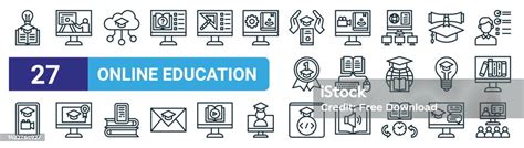 지식 온라인 과정 교육 스트리밍 E러닝 인증서 연구 웹 디자인 모바일 앱을위한 벡터 얇은 선 아이콘 교육과 같은 27 개의 개요 웹 온라인 교육 아이콘 세트 아이콘에 대한