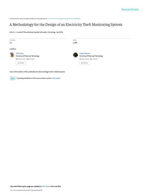 A Methodology For The Design Of An Electricity Theft Monitoring System Pdf Electric Power
