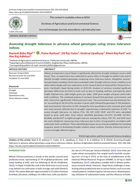 37 Assessing Drought Tolerance In Advance Wheat Genotypes Using Stress Tolerance Published