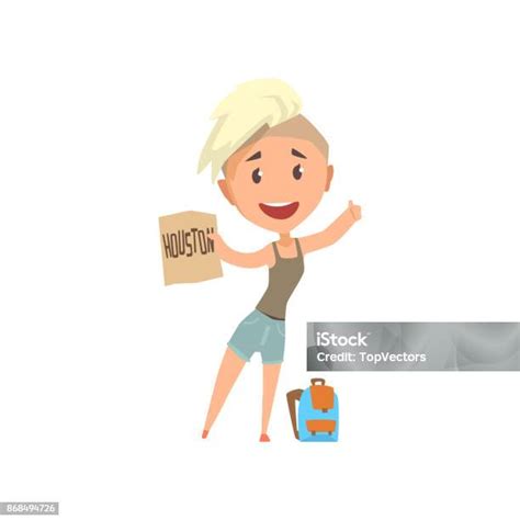 만화 여행자 여자 히치하이커 비문 휴스턴 고속도로 자동차를 중지 하려고 하는 여자와 함께 배너를 들고 Autostop 벡터 일러스트 레이 션 여행 관광에 대한 스톡 벡터