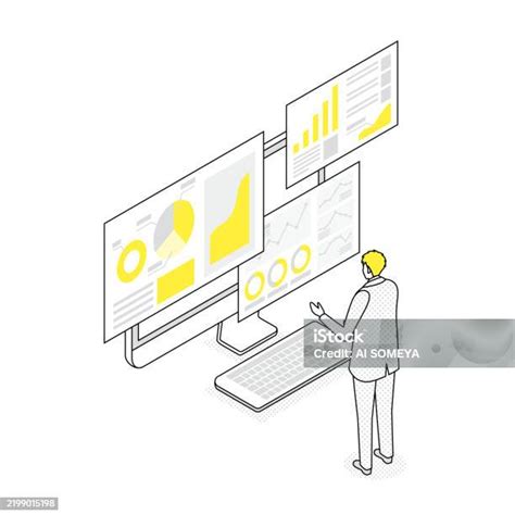 웹 마케팅 데이터를 분석하는 사업가의 아이소 메트릭 일러스트레이션 3차원 형태에 대한 스톡 벡터 아트 및 기타 이미지 3차원