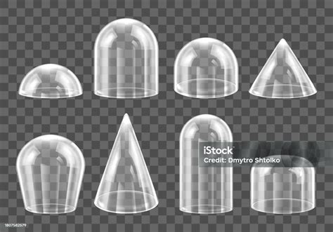 유리 돔 현실적인 실험실 및 전시 사례 벡터 세트 광택 안전 돔 투명 배경에 고립 3차원 형태에 대한 스톡 벡터 아트 및 기타