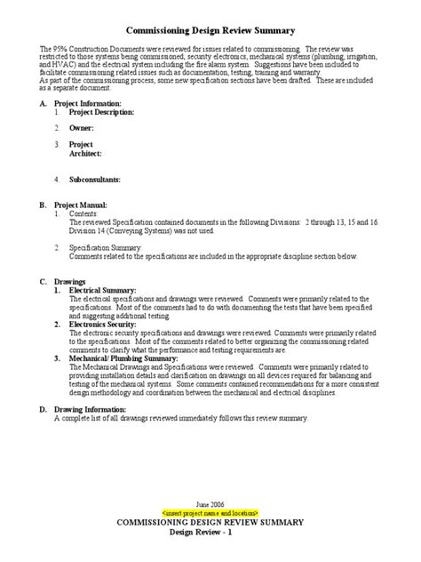 Commissioning Design Review Summary Pdf Specification Technical