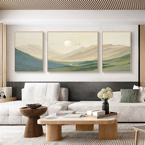 山野莫兰迪风挂画北欧简约客厅三联装饰画绿色风景沙发背景墙壁画 虎窝淘
