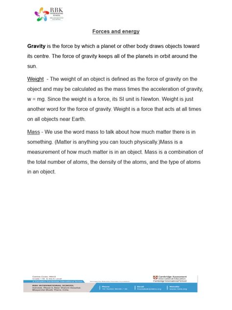 Science Notes Chapter 31 Grade 6 Pdf Weight Force