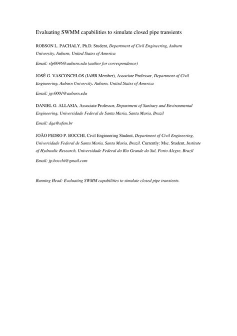 Pdf Evaluating Swmm Capabilities To Simulate Closed Pipe Transients
