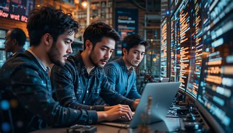 Three Men Coding On Laptops In Front Of Multiple Screens Displaying Complex Code And Data