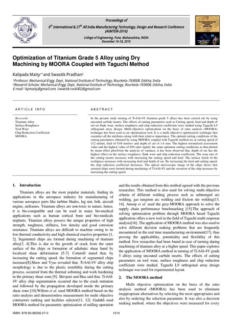 Pdf Optimization Of Titanium Grade 5 Alloy Using Dry Machining By Moora Coupled With Taguchi