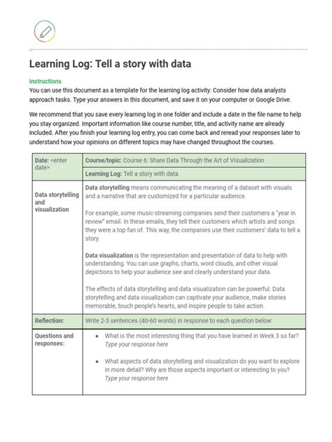 Learning Log Template Tell A Story With Data Pdf