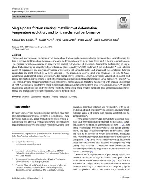 Pdf Single Phase Friction Riveting Metallic Rivet Deformation Temperature Evolution And