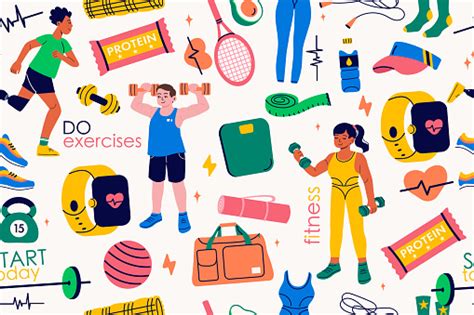 휘트니스 체육관 재고 요소 스포츠를하는 사람들 스포츠 장비의 완벽한 패턴 보철물을 가진 남자 건강한 생활방식에 대한 스톡 벡터 아트 및 기타 이미지 Istock