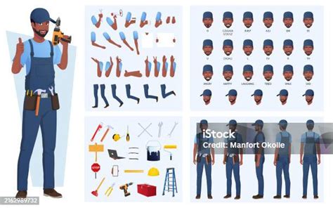 흑인 유지 보수 엔지니어 캐릭터 생성 및 애니메이션 팩 파란색 작업복 입 애니메이션 및 립싱크 도구 및 장비의 벡터 일러스트레이션을 사용한 전면 측면 및 후면을 착용한