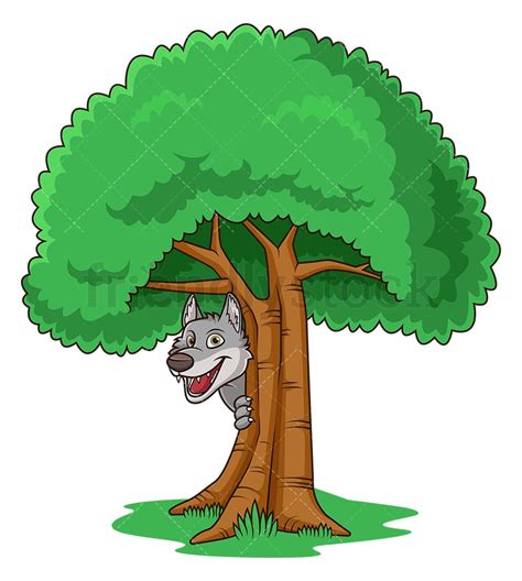 cunning wolf hiding behind tree cartoon clipart vector friendlystock