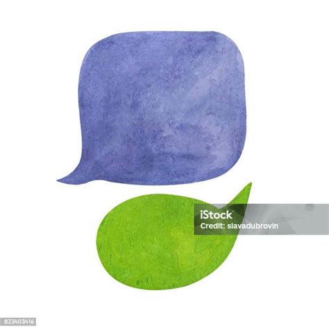흰색 바탕에 수채화 연설 거품이 있다입니다 자주색 파란과 녹색 텍스트 거품 구름 그린 요소입니다 공란에 대한 스톡 벡터 아트 및