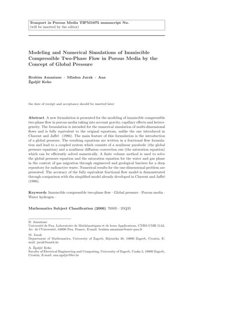 Pdf Modeling And Numerical Simulations Of Immiscible Compressible Two Phase Flow In Porous
